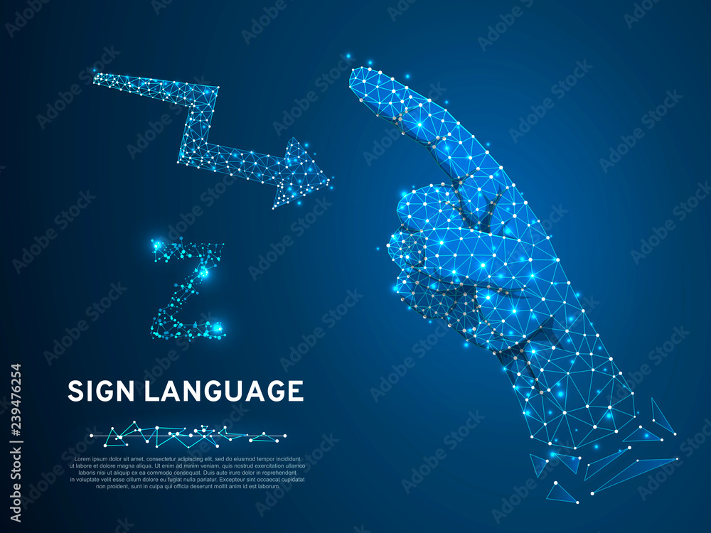 Sign language Z letter, arrow showing how to move, low poly model of ...