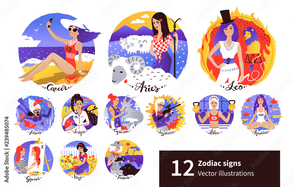 Zodiac Signs set with cute female characters Stock Vector | Adobe Stock