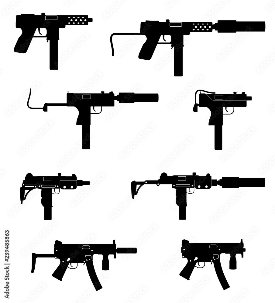 submachine machine hand gun weapons black outline silhouette stock ...
