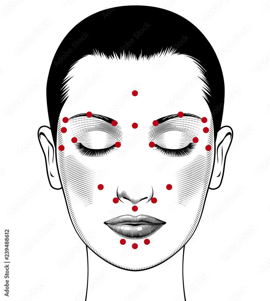 Beautiful european woman face with instructions for facial acupressure ...