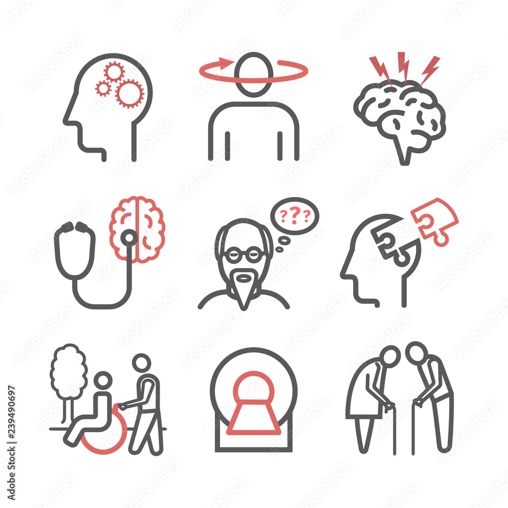 Alzheimer's disease and dementia. Symptoms. Line icons set. Vector ...