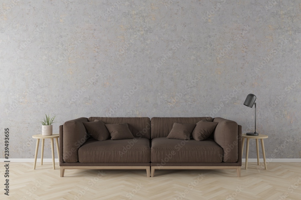 Interior of living room modern style with brown fabric sofa,wooden side ...