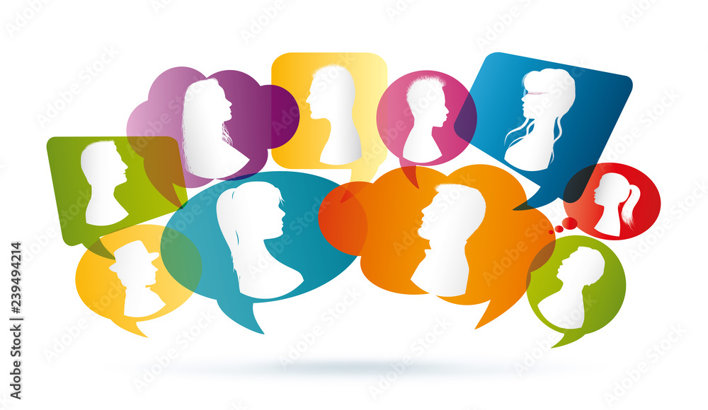 Vector colored Speech bubble. Group of people talking. Crowd talking ...