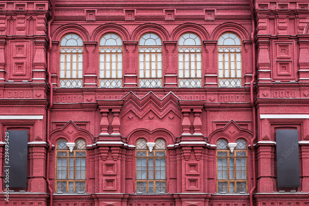 Vintage architecture red brick classical facade in.pseudo-Russian style ...