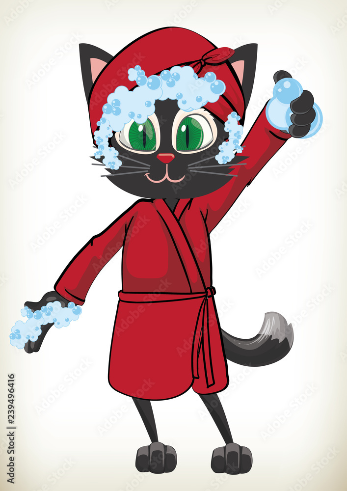 Cartoon character cat wearing red bathrobe Stock Vector | Adobe Stock