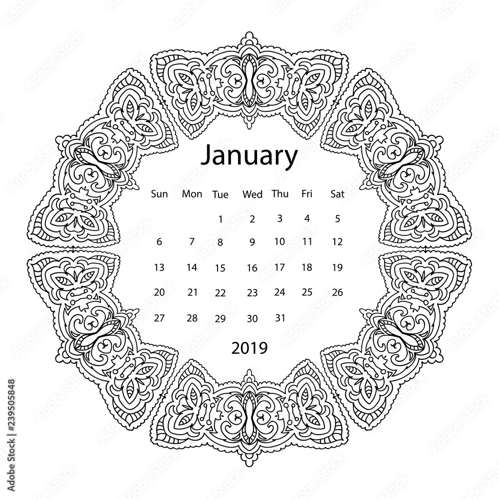 Adult coloring page with monthly calendar of 2019 year isolated on ...