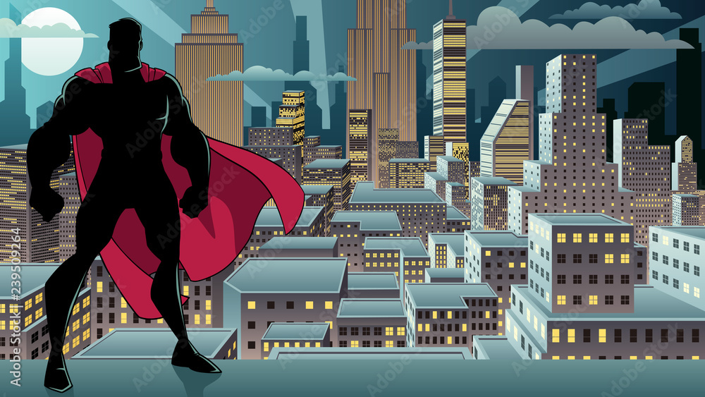 Silhouette of superhero standing tall on city background with copy ...