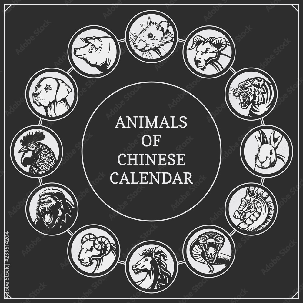 Chinese years zodiac calendar with animals. Pig, rat, bull, tiger ...