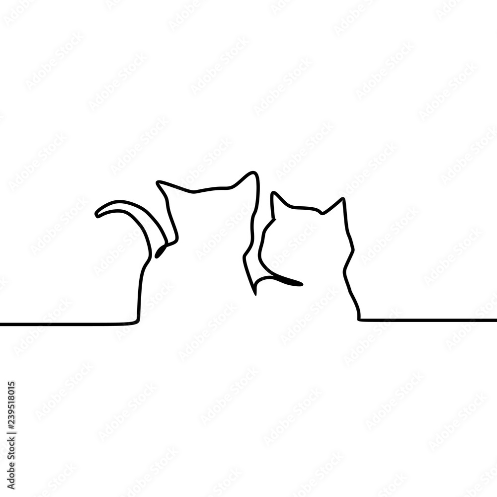 Two cats vector with continuous single one line art drawing. New ...