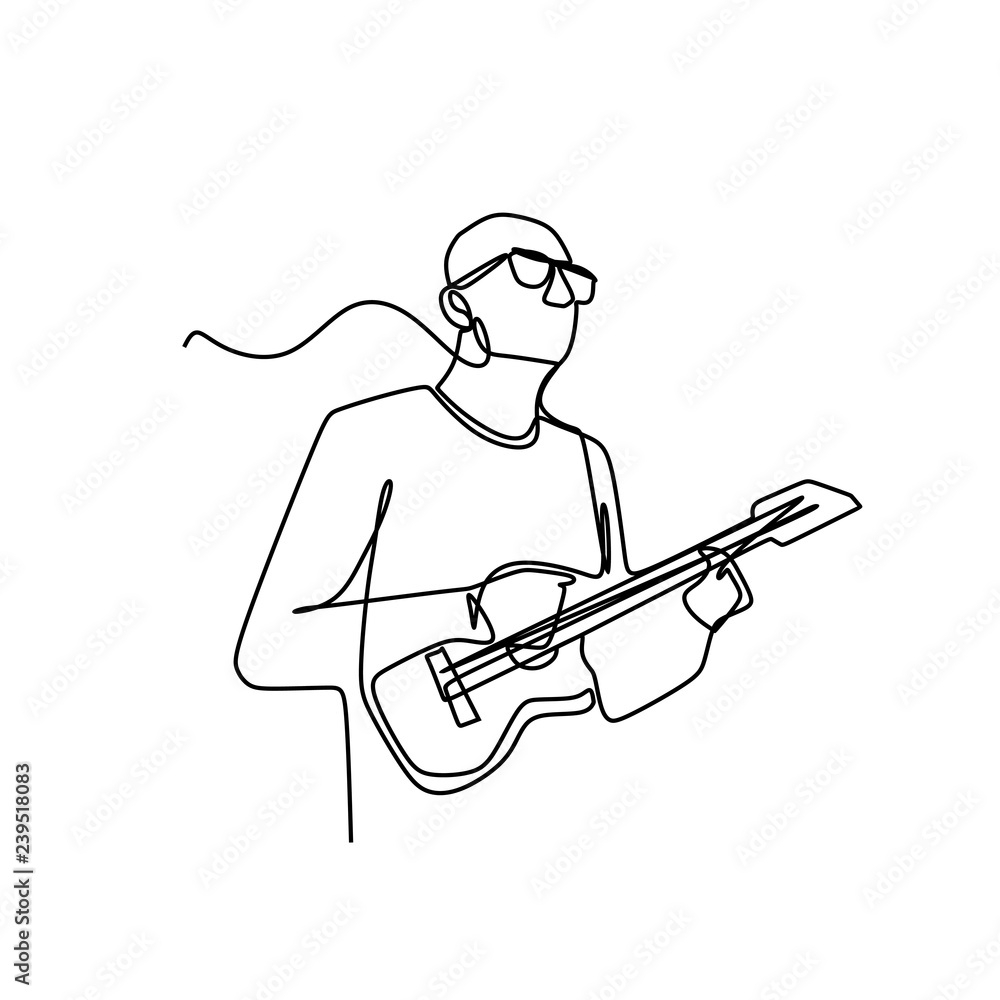 One line drawing of a male man playing ukulele guitar vector ...