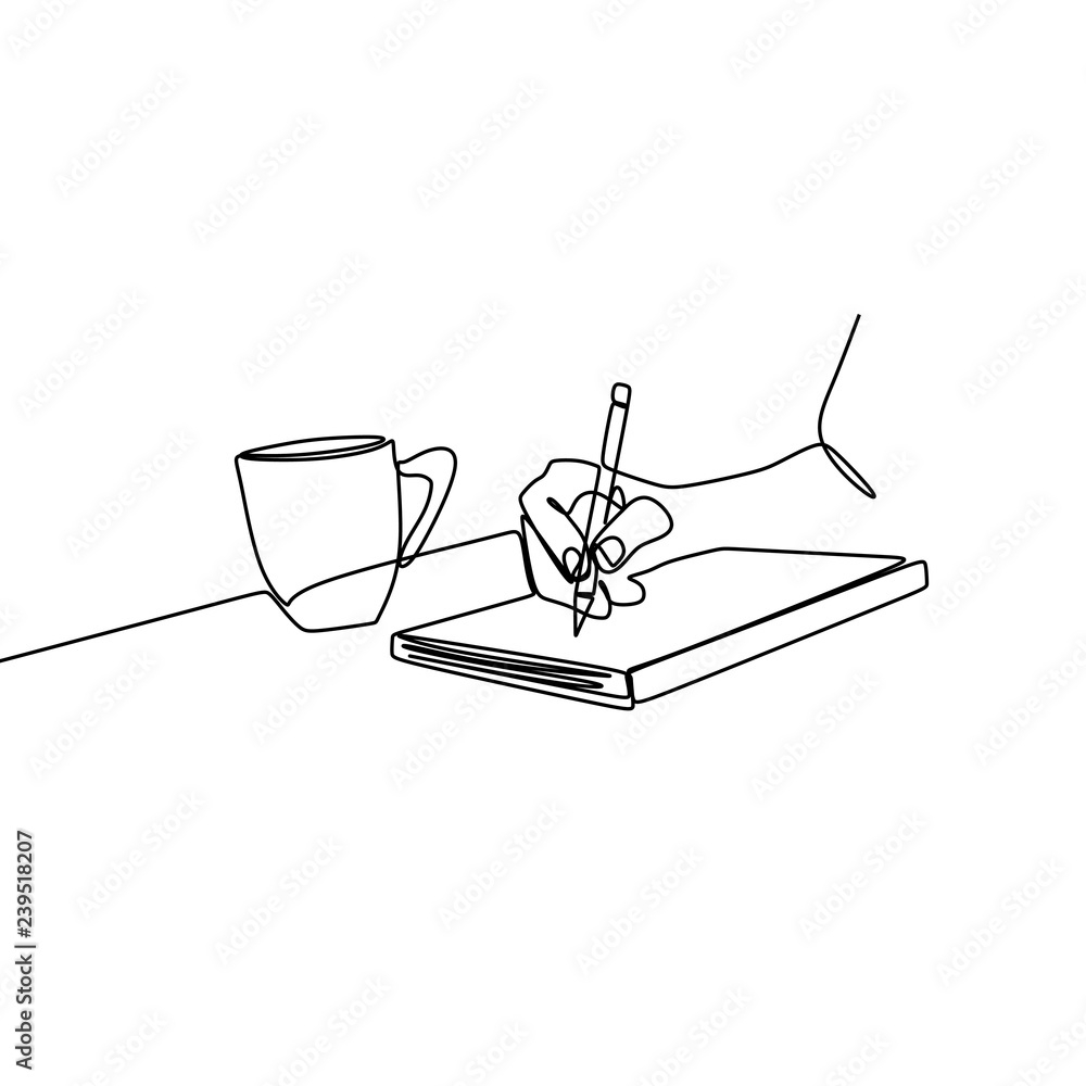 One line drawing of a hand writing on a book beside of a cup of coffee ...