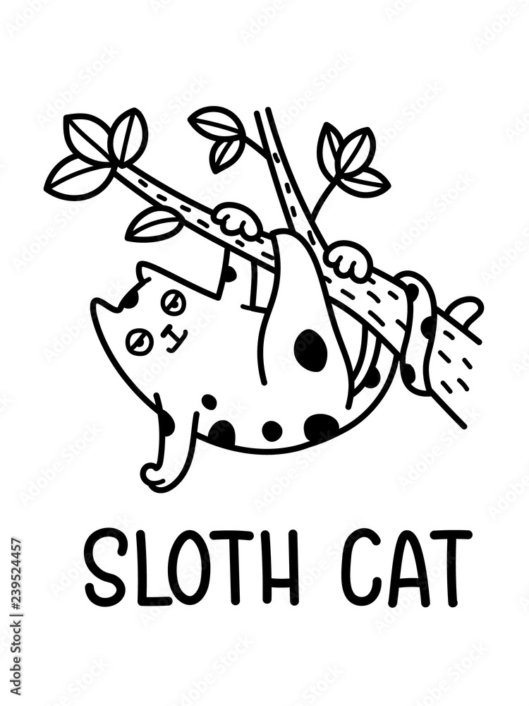 A Cartoon Vector Drawing Of A Lazy Cat Hanging From A Tree Branch In A ...
