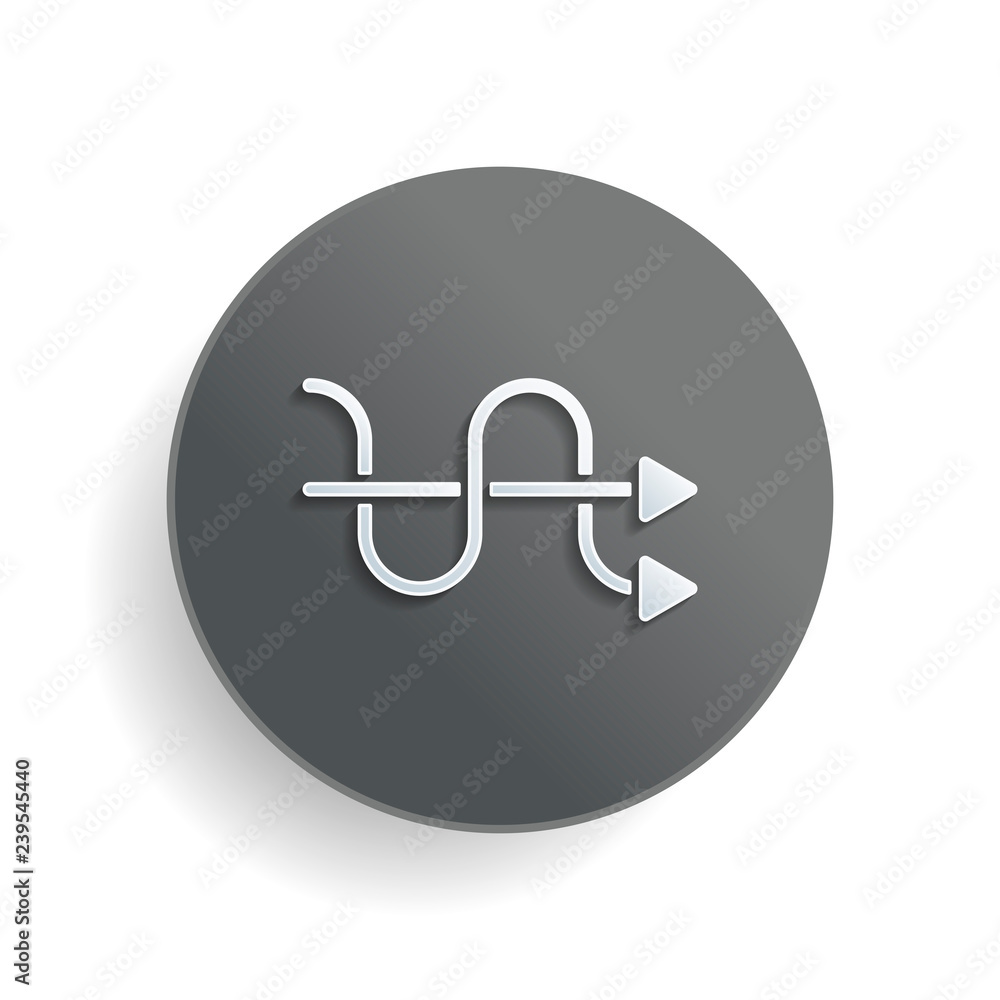 crossed arrows. simple silhouette. White paper symbol on gray round ...