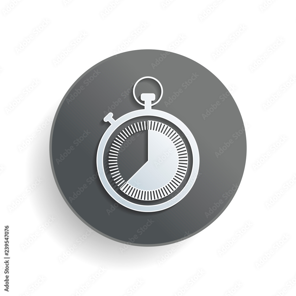 stopwatch. simple icon. White paper symbol on gray round button with ...