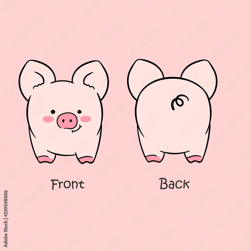 Vetor de Vector illustration of cartoon cute pink pig front view and ...