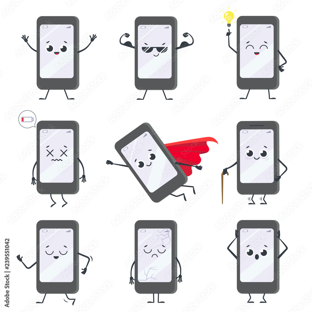 Cartoon smartphone character. Mobile phone mascot with hands, le Stock ...