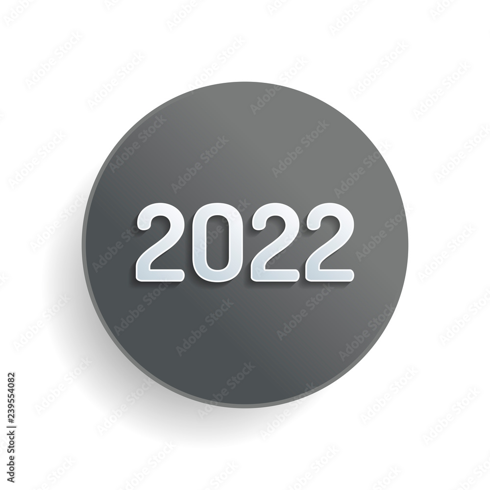 2022 number icon. Happy New Year. White paper symbol on gray round ...