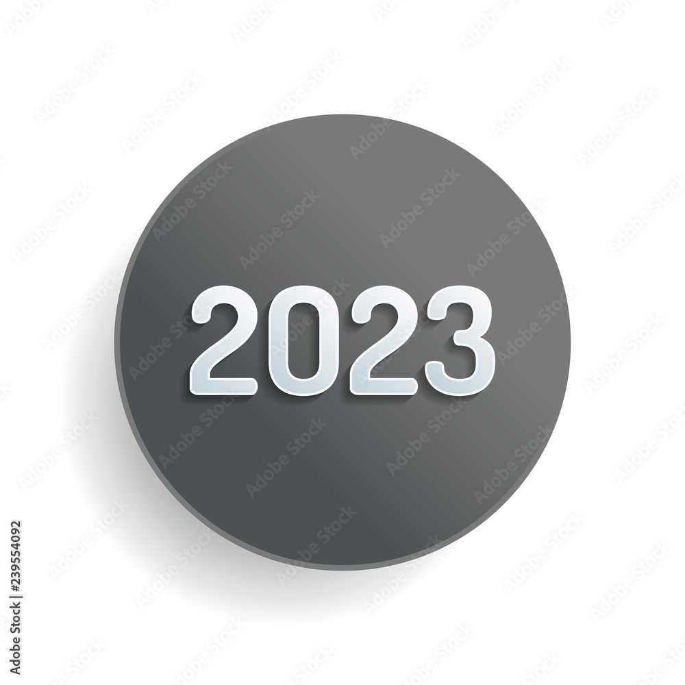 2023 number icon. Happy New Year. White paper symbol on gray round ...
