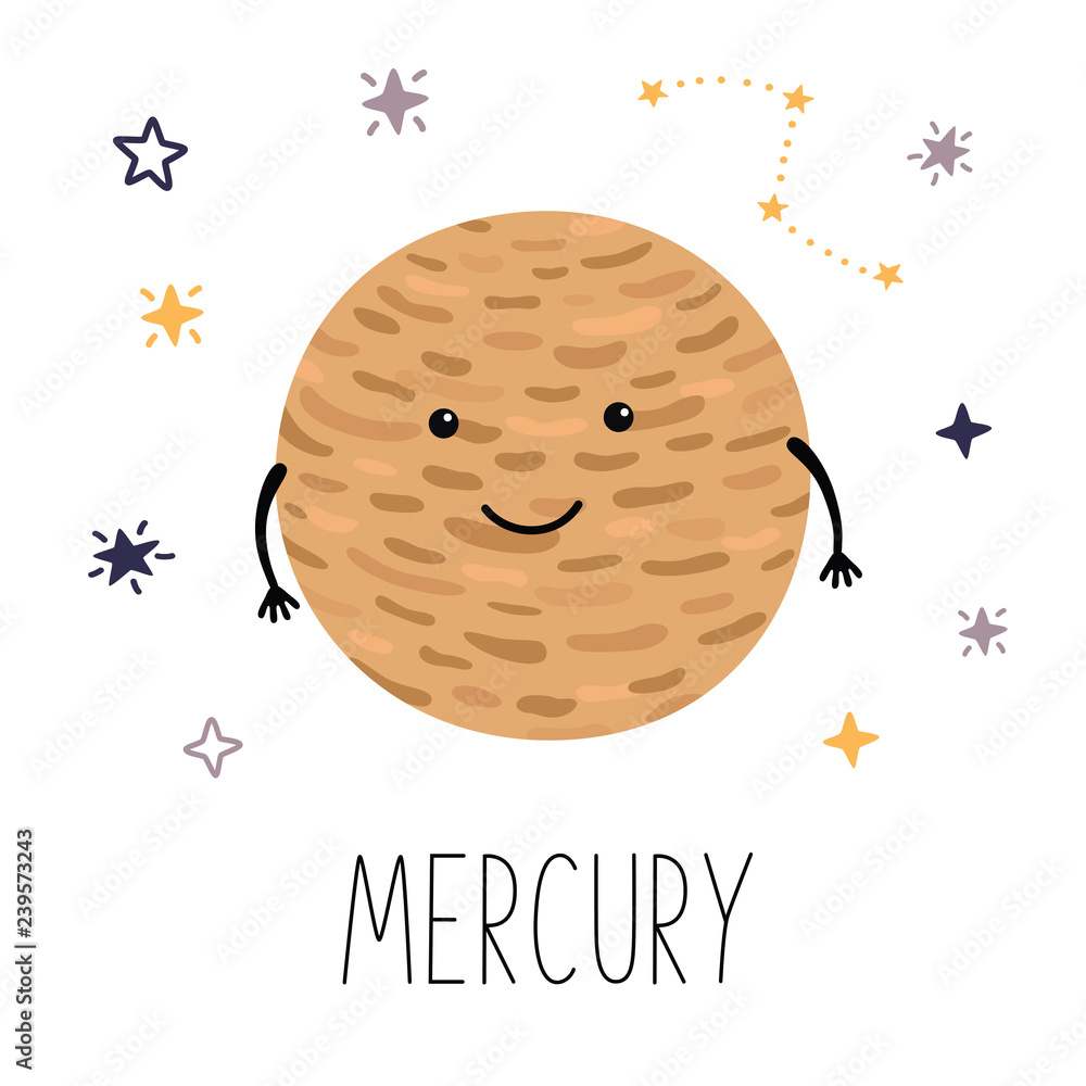 Cute planet Mercury. Planet with hands and eyes. Vector illustration ...