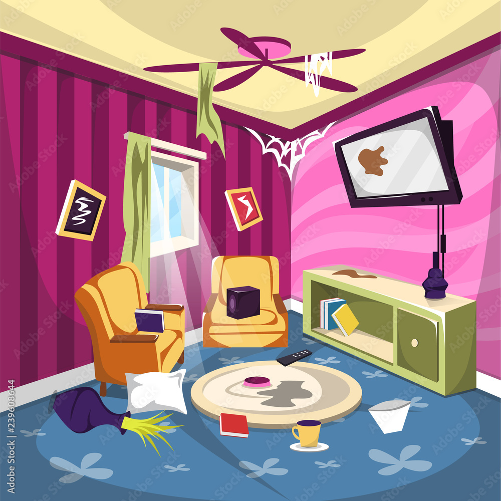 Dirty Living room or TV Rooms Furniture with Sofa, Ceiling fan and desk ...