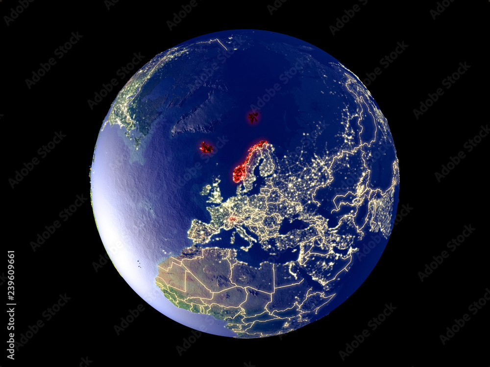 EFTA countries from space on model of planet Earth with city lights ...