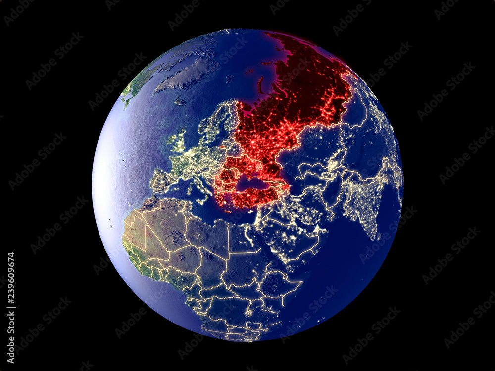 BSEC countries from space on model of planet Earth with city lights ...