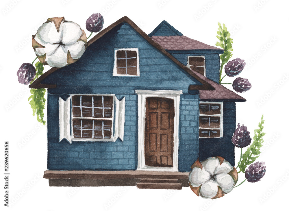 Watercolor house illustration clipart with florals and flowers Stock ...