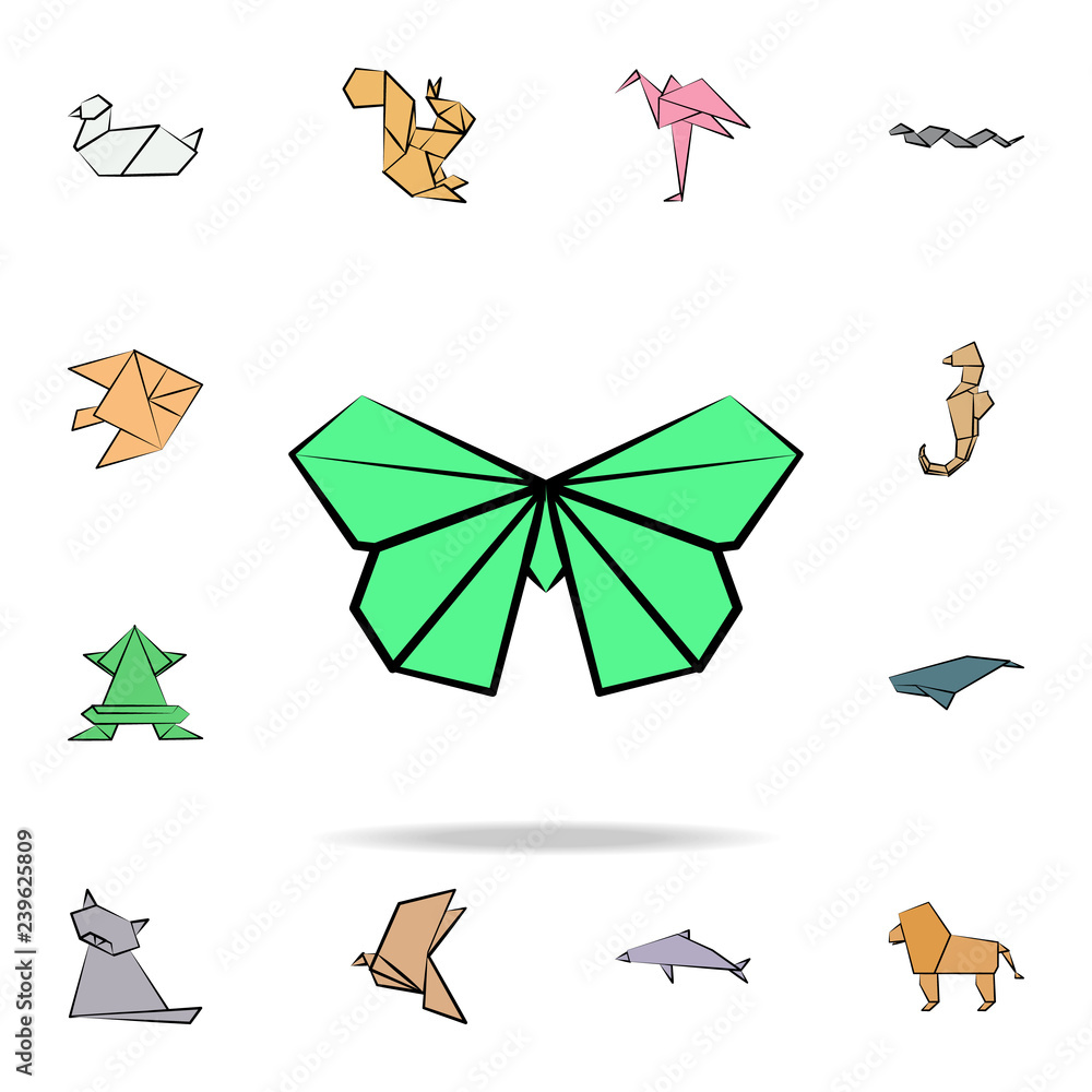 butterfly colored origami icon. Detailed set of origami animal in hand ...