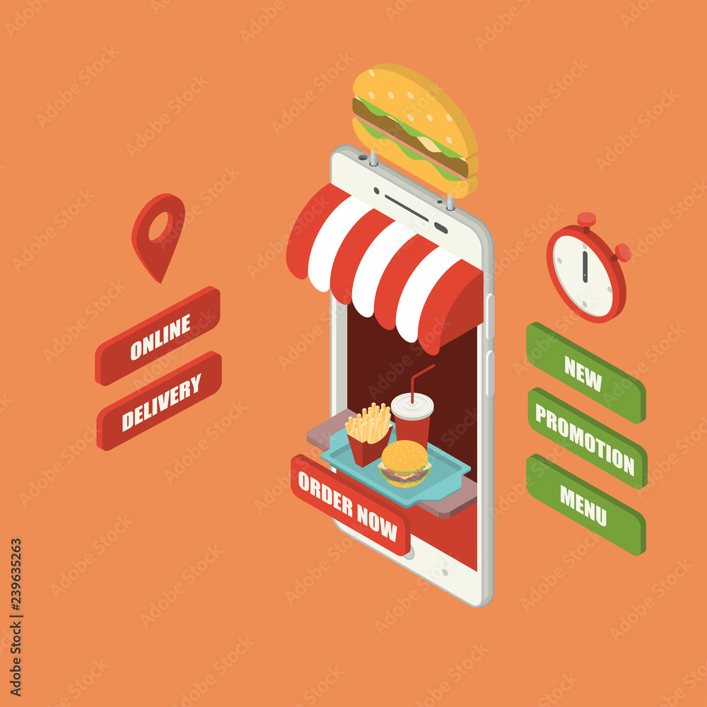 Online fast food order and delivery concept, giant isometric smartphone ...