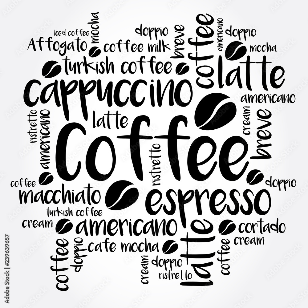 List of coffee drinks words cloud collage, poster background Stock ...
