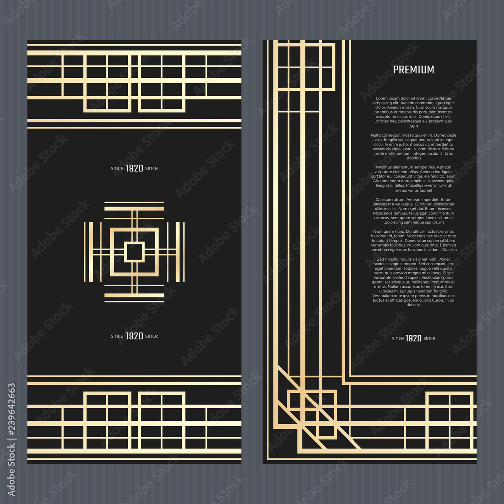 Vector geometric cards Art Deco style. Light golden flyers. Premium ...