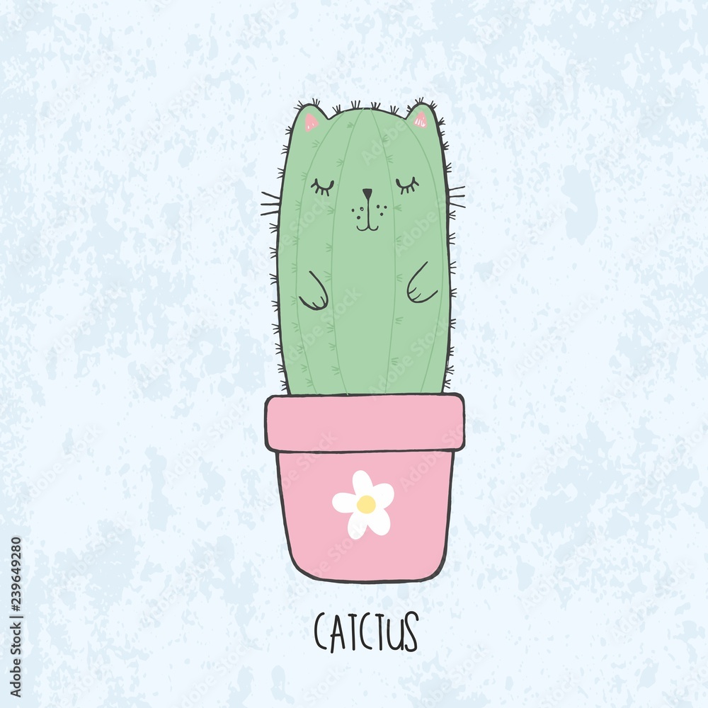 Vector illustration of hand drawn sketch cute kawaii cat cactus in a ...