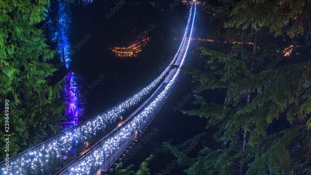 Long exposure at night, foggy view with Christmas lights of the ...