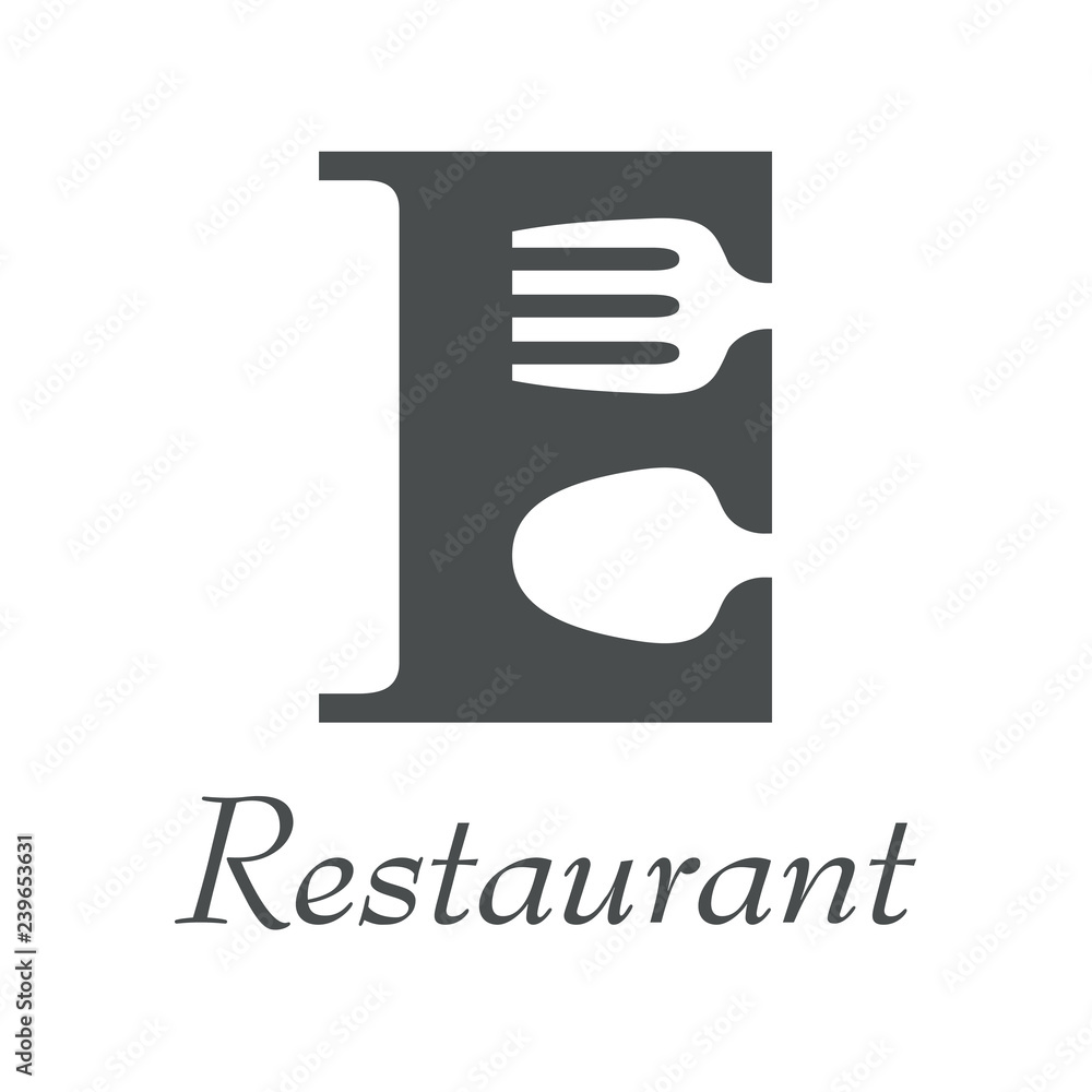 Logotipo con texto Restaurant y letra E mayúscula con cubiertos color ...
