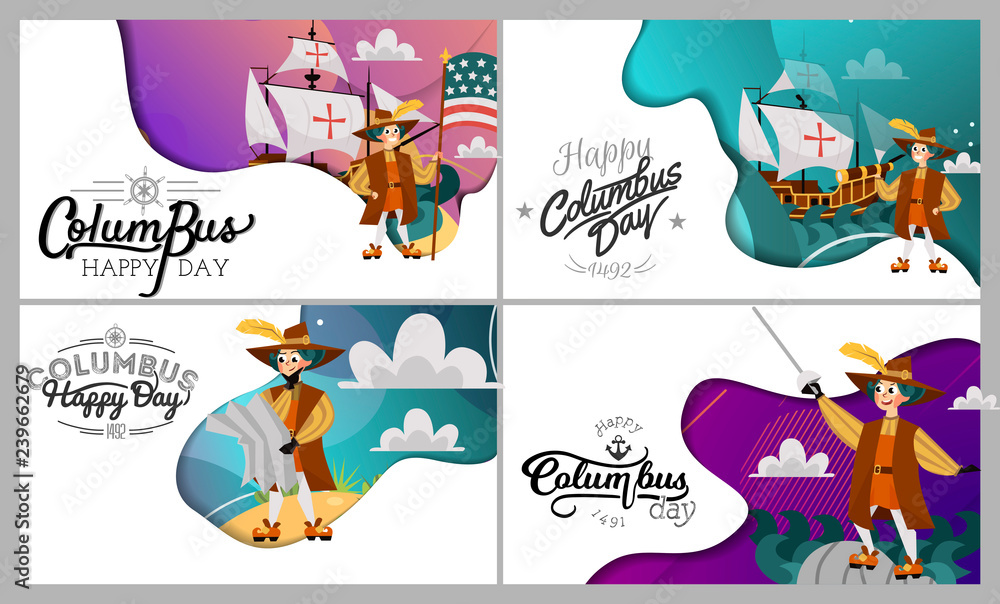 Columbus Day set with ship map helm compass symbols greeting card ...