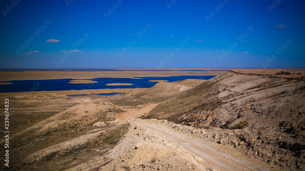 Landscape of Sudochye lake aka part of former Aral sea at Urga fishing ...
