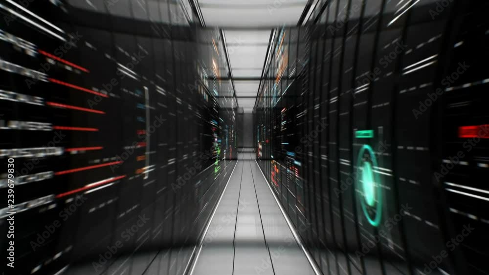 Robot, cyborg touching Data cloud server room with various UI, ending CPU circuit board, 4k ...