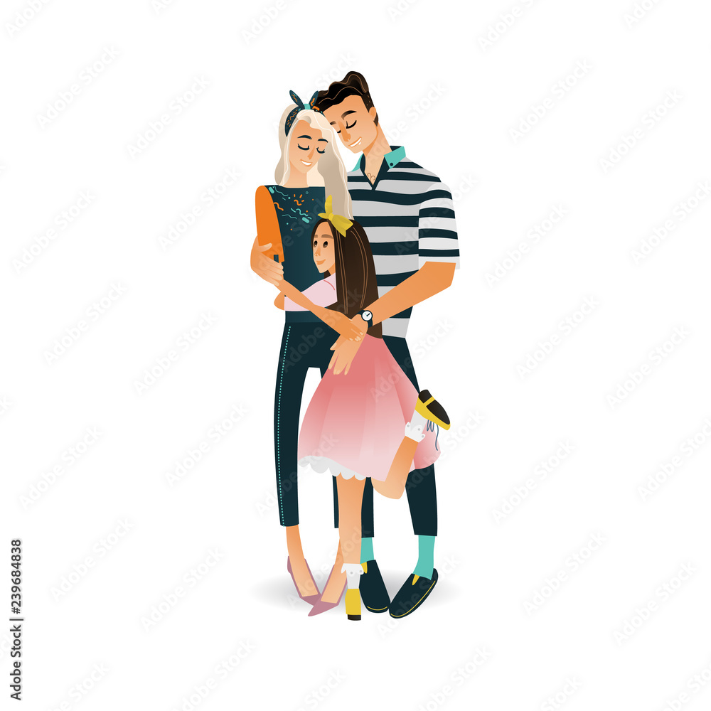 Happy family vector illustration with hugging of parents and daughter ...