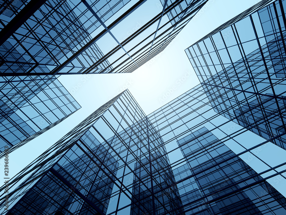 View of high rise glass building and dark steel window system on blue ...