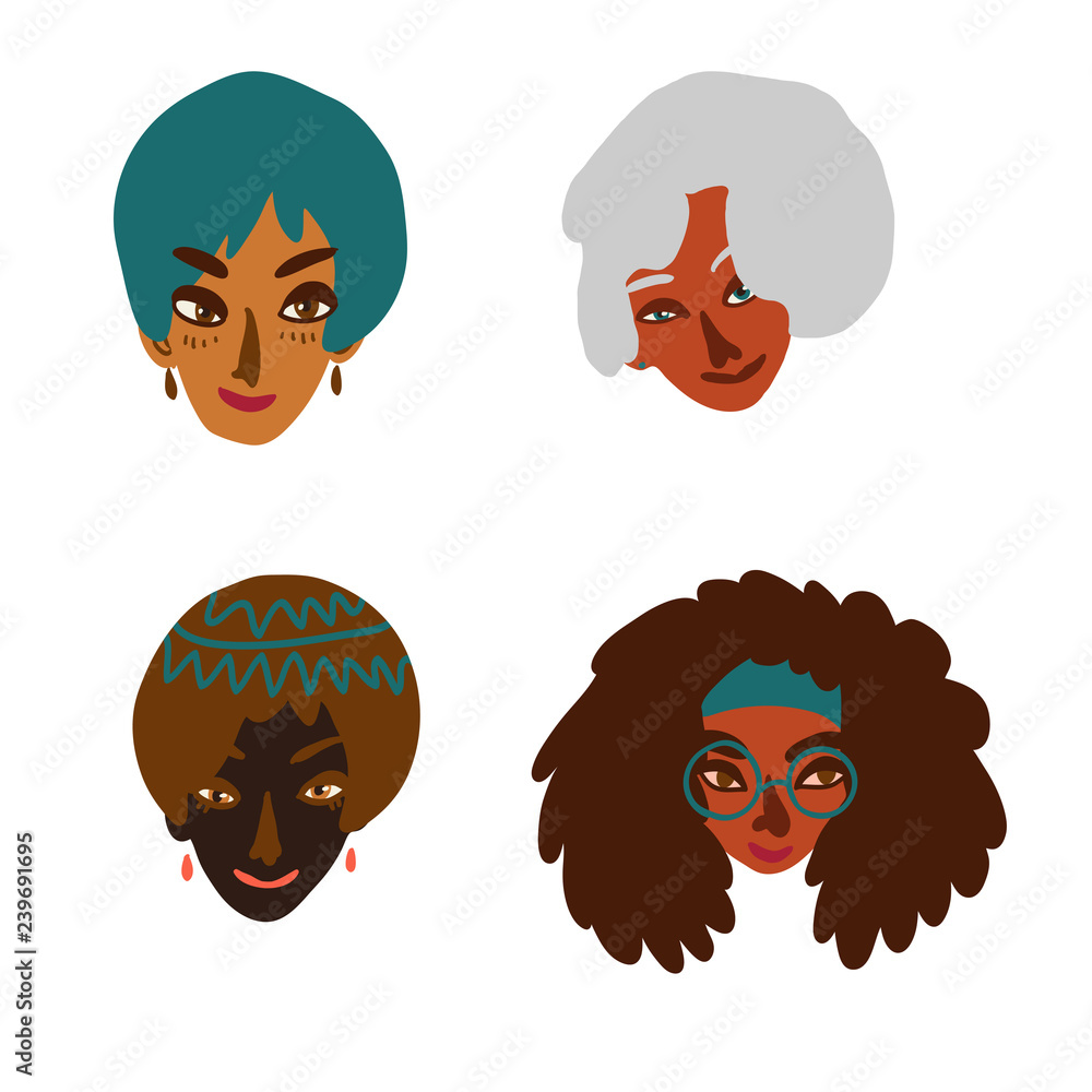 Set Of Funny Cartoon Character Portraits Of Happy Smiling Women Of