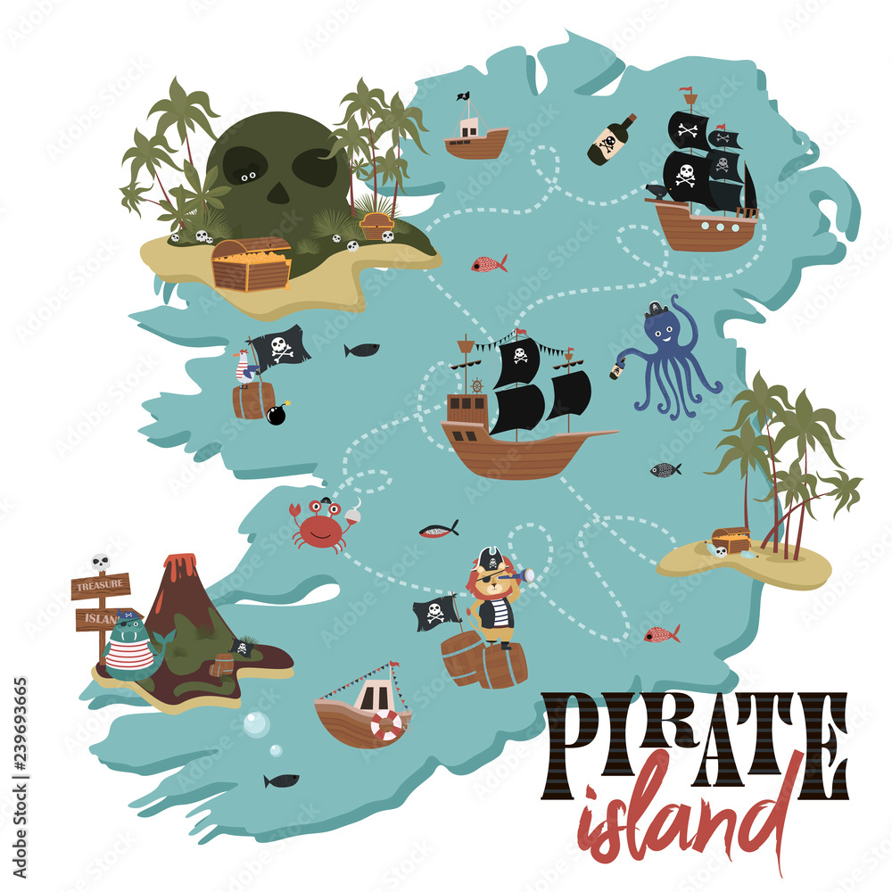 Treasure map. Pirate Birthday Invitation card in cartoon style ...