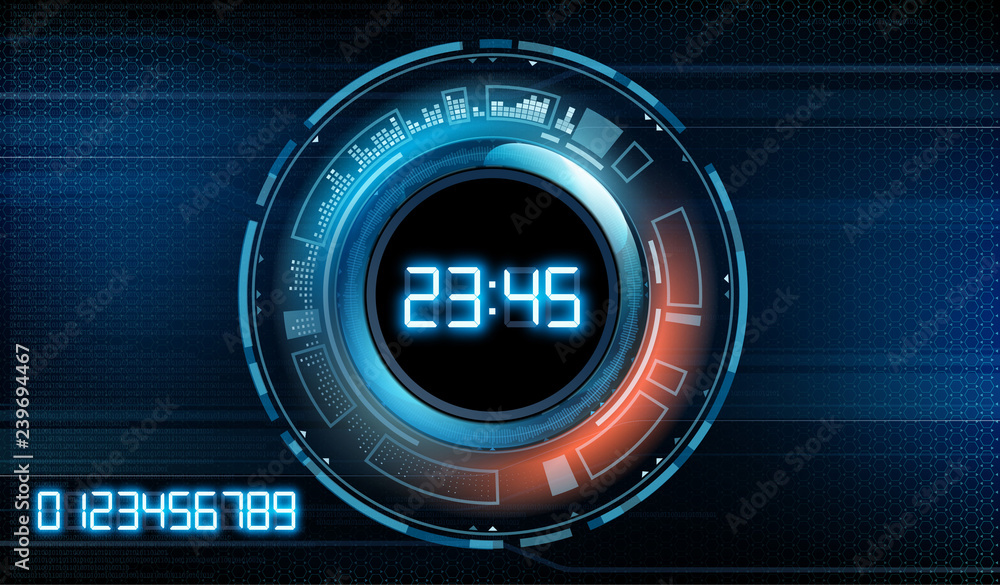 Futuristic modern clock face with a set of glowing digits. Technology ...