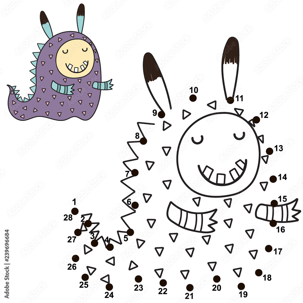 Connect the dots and draw a cute monster. Numbers game for children ...