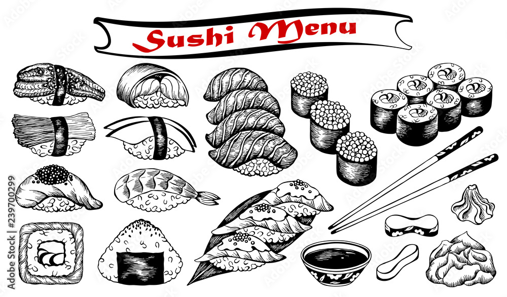 Vector illustration of sketch hand drawn set of sushi menu. Japanese ...