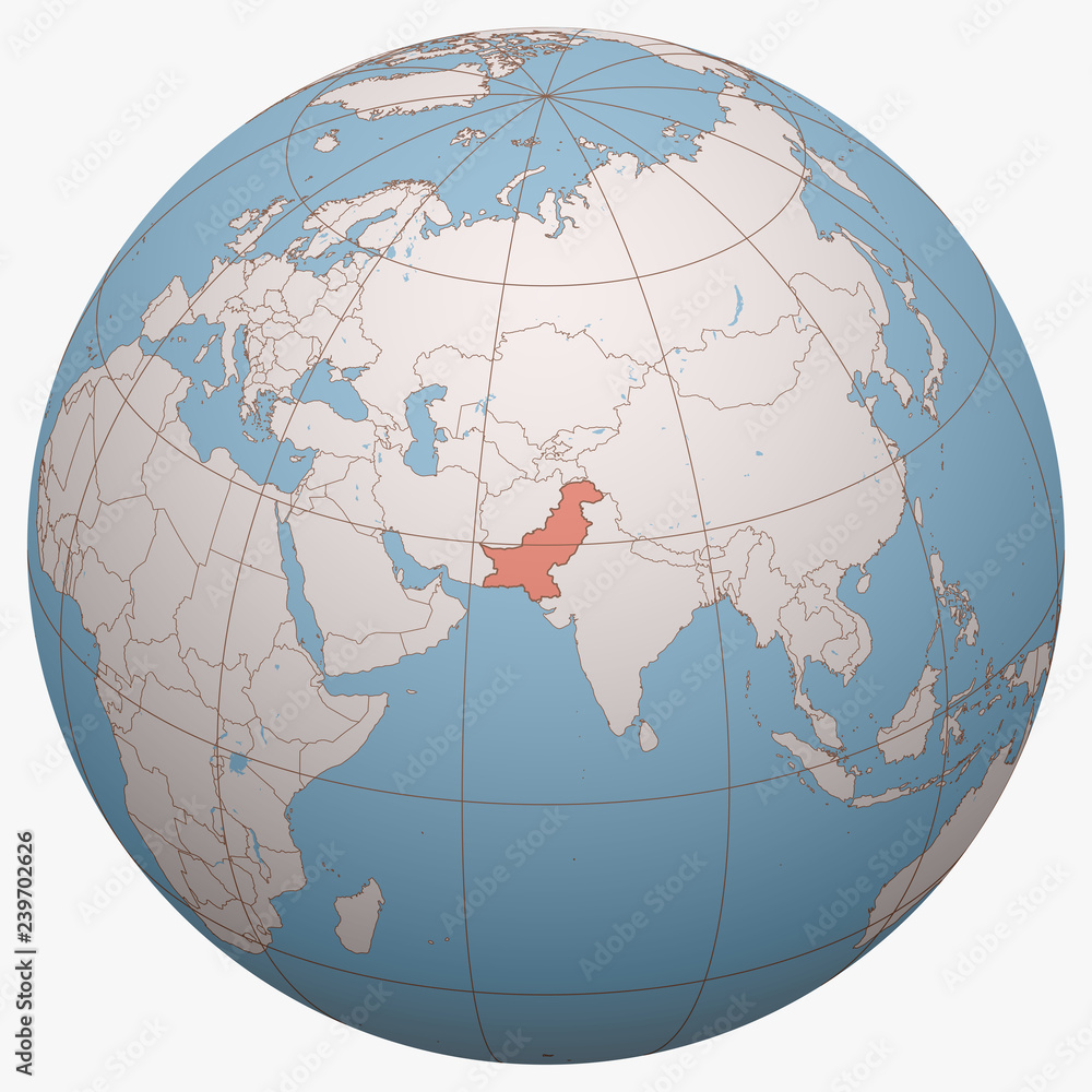 Pakistan on the globe. Earth hemisphere centered at the location of the ...