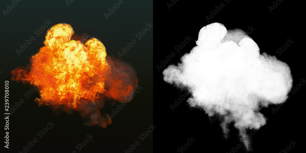 Large explosion with black smoke in dark plus alpha channel. 3d ...