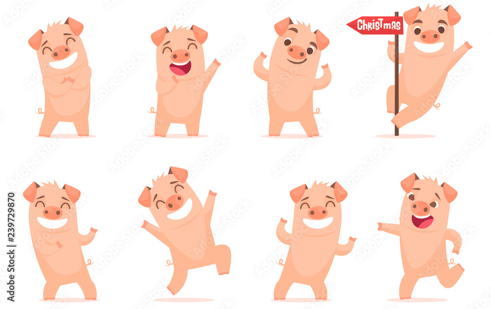 Vector little cartoon pigs characters posing in different situations ...