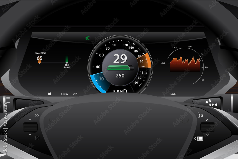 Electric car dashboard display closeup. Speedometer, battery level and ...