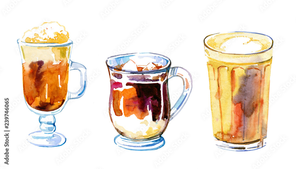 Coffee drinks watercolor set. Hand drawn sketch illustration with three ...