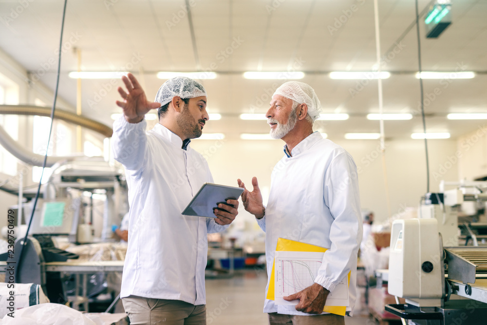 Two colleagues talking about work while standing in food factory ...